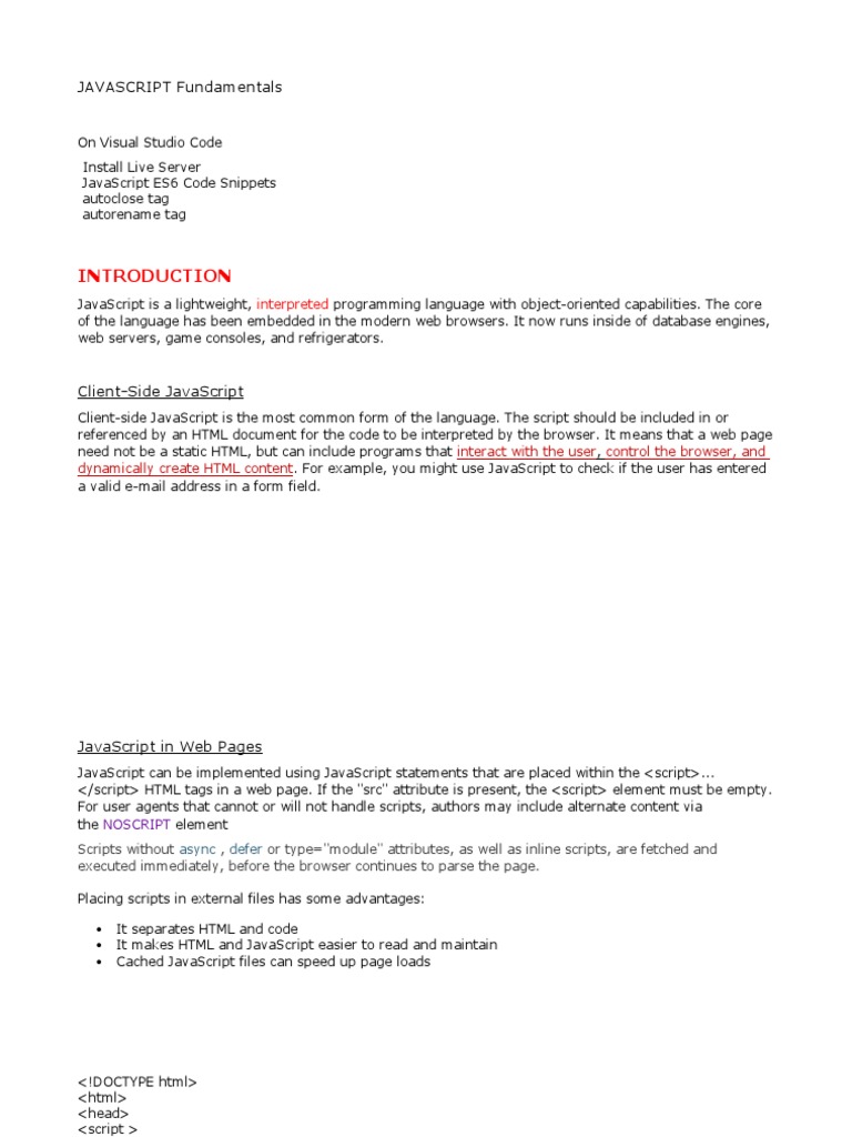 JAVASCRIPT Fundamentals | PDF | Java Script | Dynamic Web Page JAVASCRIPT Fundamentals | PDF | Java Script | Dynamic Web Page