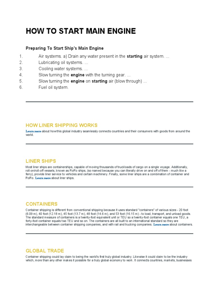 How To Start Main Engine - Uses | PDF | Containerization | Water Transport