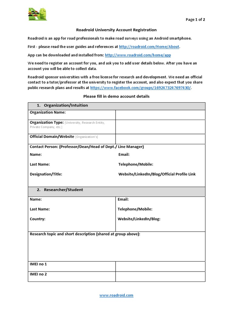 Roadroid Research Registeration Form | PDF | Mobile App | Linked In