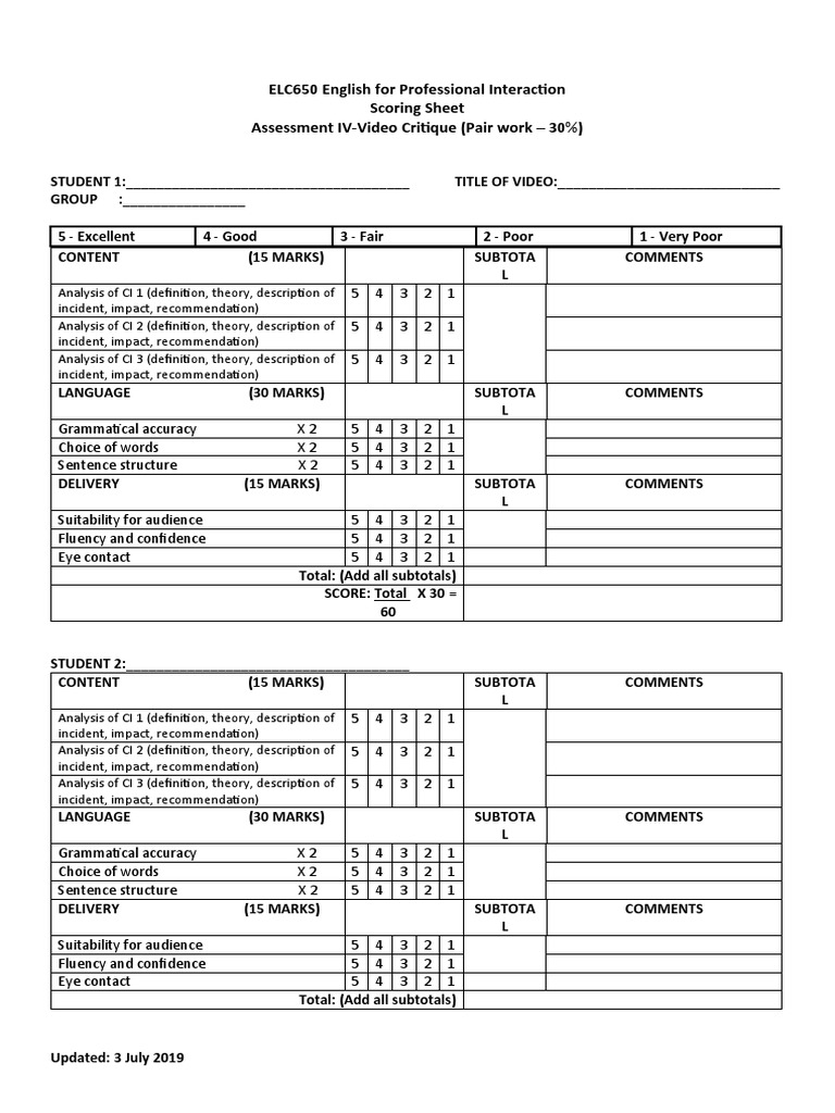 Video Critique Scoring Sheet | PDF | Fluency | Cognition