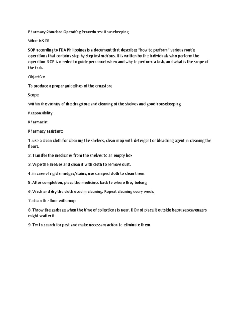 SOP for Pharmacy Housekeeping Procedures | PDF | Wellness