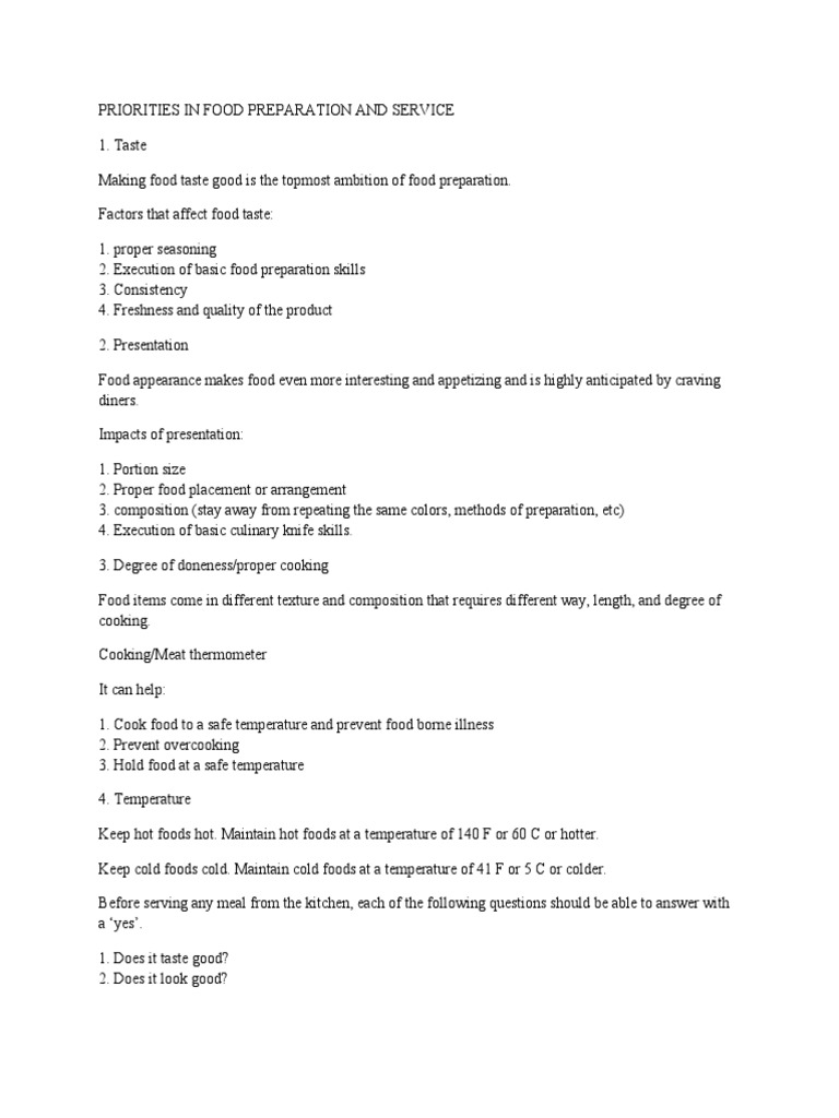 Lesson 1 PRIORITIES IN FOOD PREPARATION AND SERVICE | PDF | Chef | Foods
