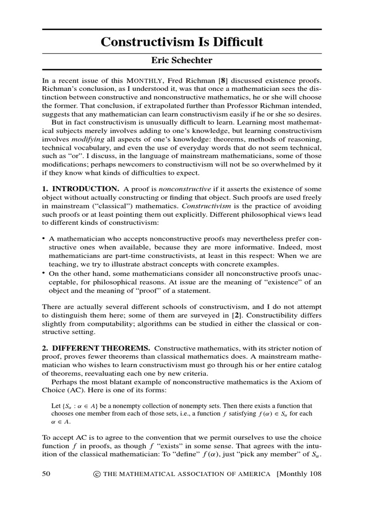 Constructivism Is Difficult - Eric Schechter | PDF | Mathematical Proof ...