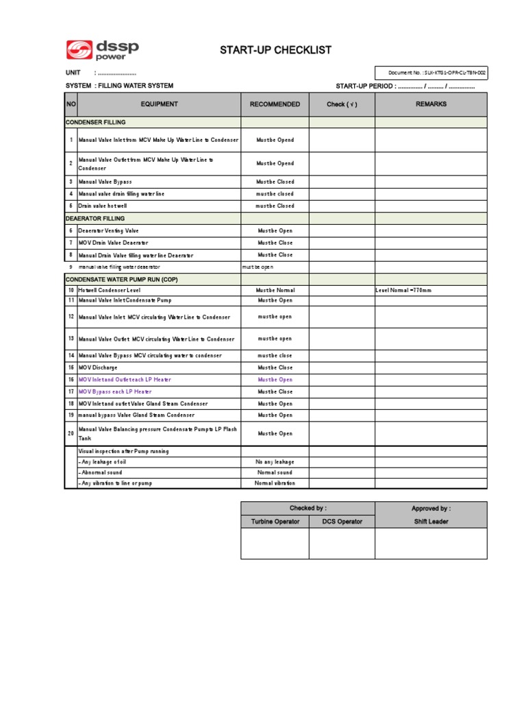 SLK-KTG1-OPR-CL-TBN-002 Filling Water Condensate Check List | PDF ...