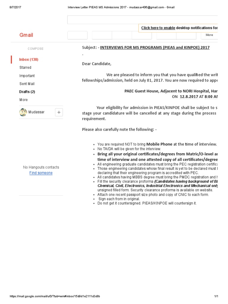 Interview Letter PIEAS MS Admissions 2017 - Mudassar436@gmail PDF | PDF