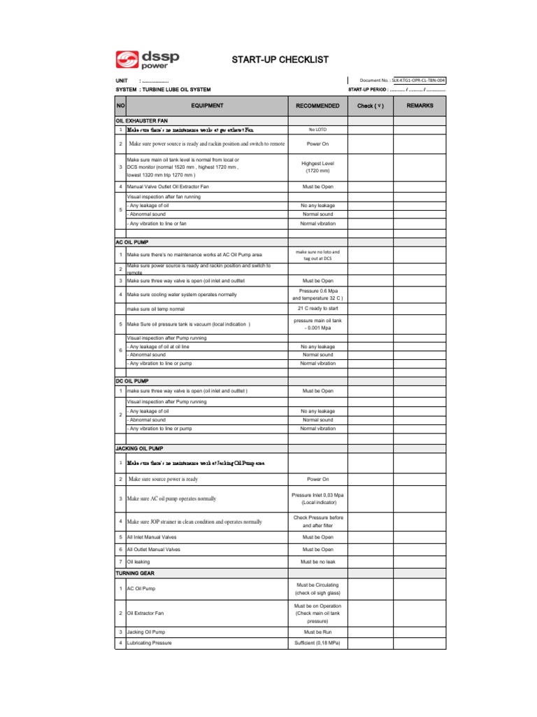SLK-KTG1-OPR-CL-TBN-004 Lube Oil System Check List | PDF | Pump | Valve