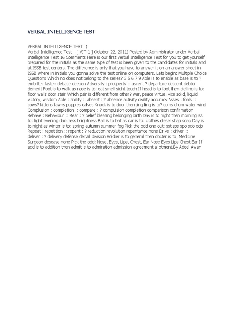 Verbal Intelligence Test Questions | PDF | Language Arts & Discipline