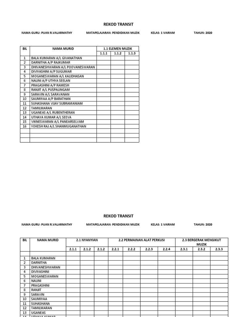 Rekod Transit Muzik Tahun 1 2020 | PDF