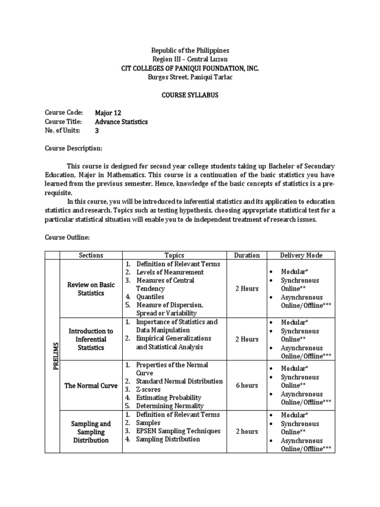 Advance Statistics Course Syllabus | PDF | Normal Distribution | Statistics