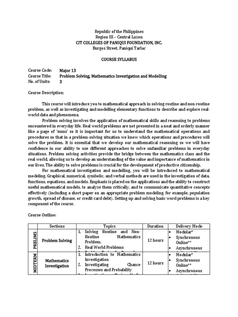 Problem Solving, Mathematics Investigation and Modelling Course ...