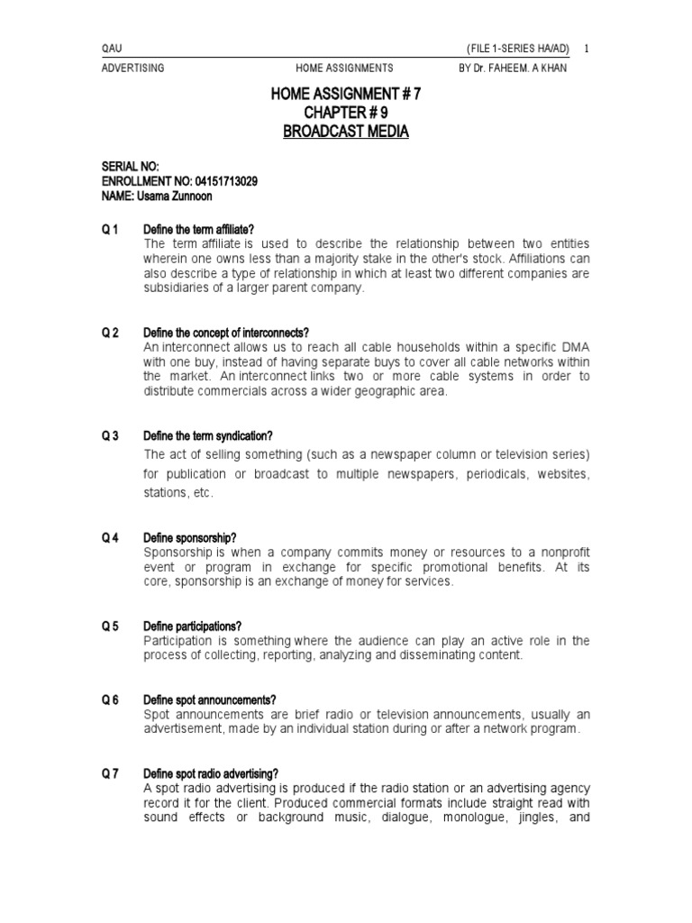 Home Assignment # 7 Chapter # 9 Broadcast Media | PDF | Broadcasting ...