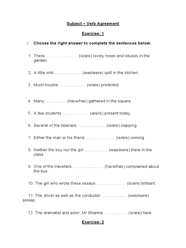 Subject-Verb Agreement Exercises | PDF | Language Arts & Discipline