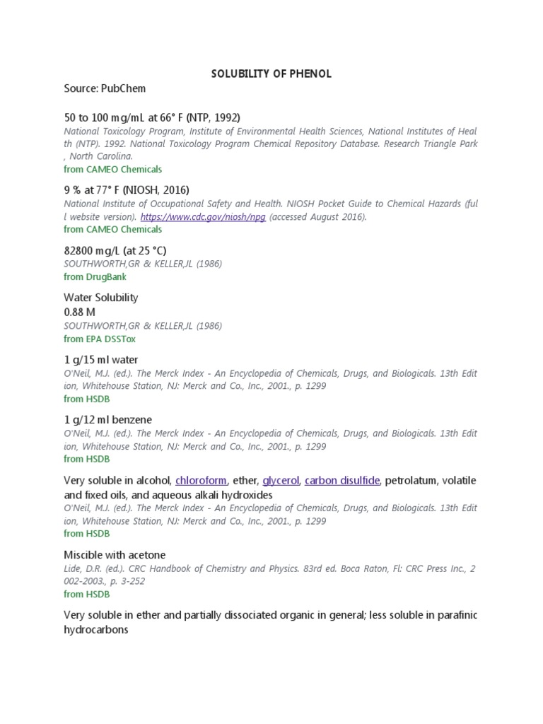 Solubility of Phenol: From CAMEO Chemicals | PDF | Solubility ...