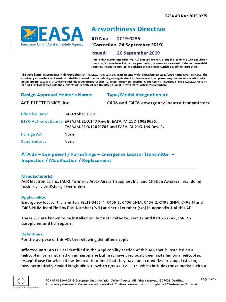 Airworthiness Directive: Design Approval Holder's Name: Type/Model ...