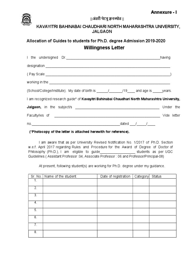 Willingness Letter Form NMU | PDF | Doctorate | Doctor Of Philosophy