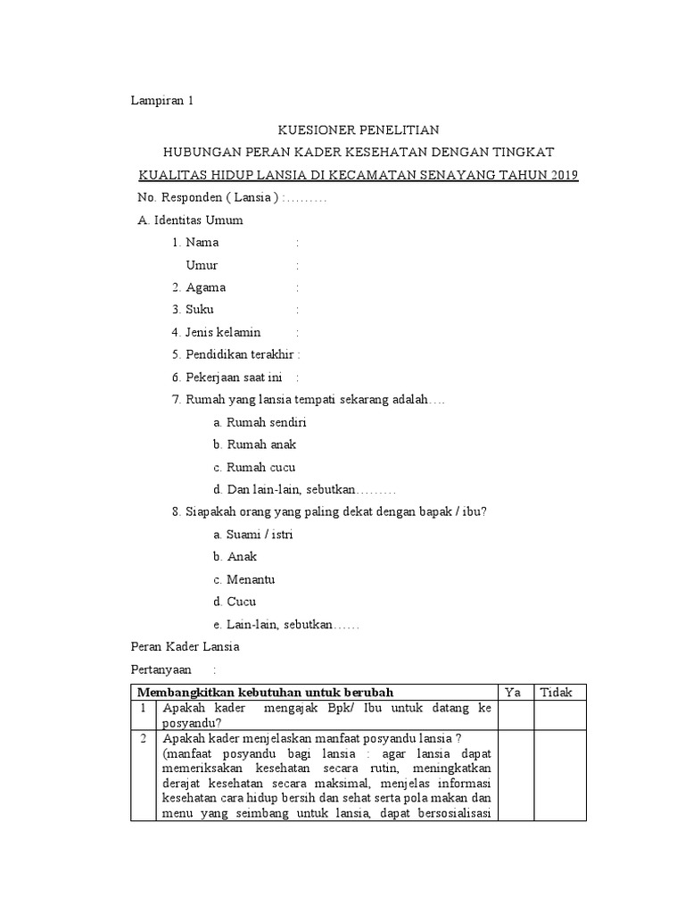 Lampiran 1 Kuesioner Kader Proposal | PDF