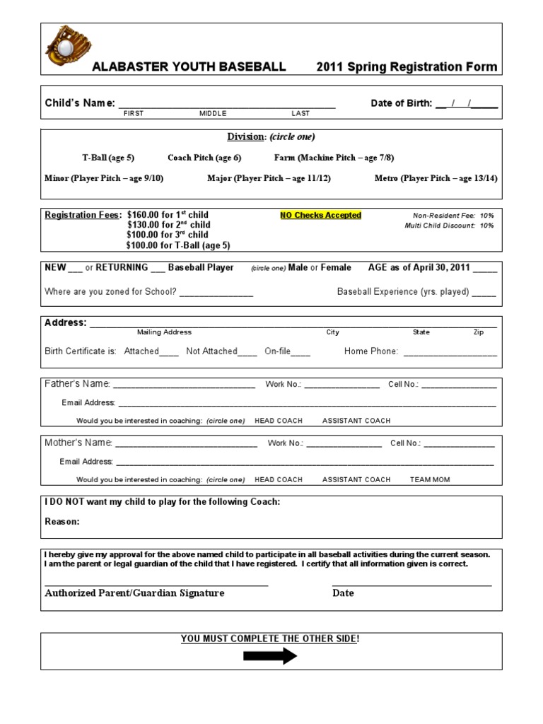 2011 Spring BASEBALL Registration Form | PDF | Legal Guardian | Emergency