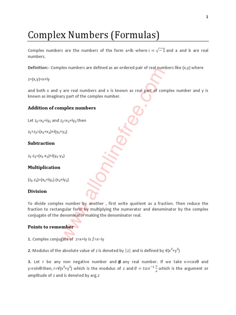 Complex Numbers Notes and Formulas PDF | PDF | Complex Number ...