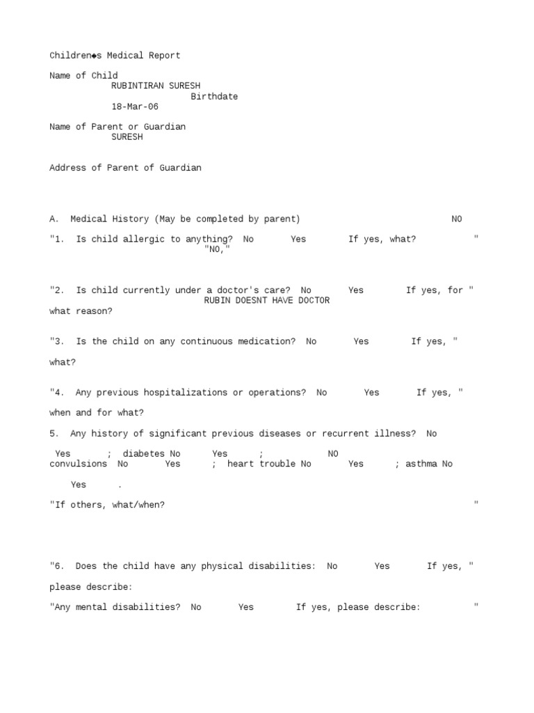 Children Medical Report Template | PDF | Physician | Physical Examination