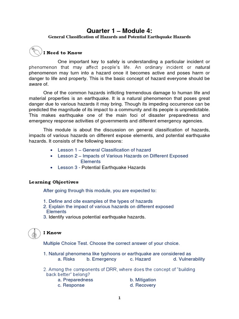 Quarter 1 - Module 4:: General Classification of Hazards and Potential ...