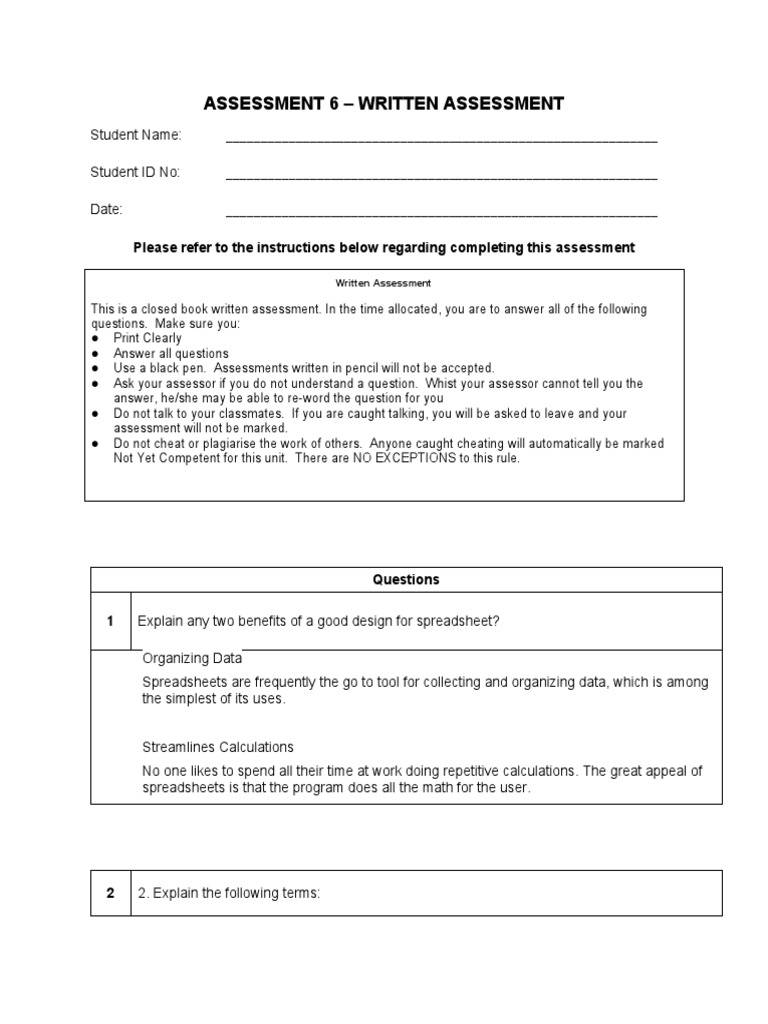 Assessment 6 - Written Assessment | PDF | Microsoft Excel | Worksheet