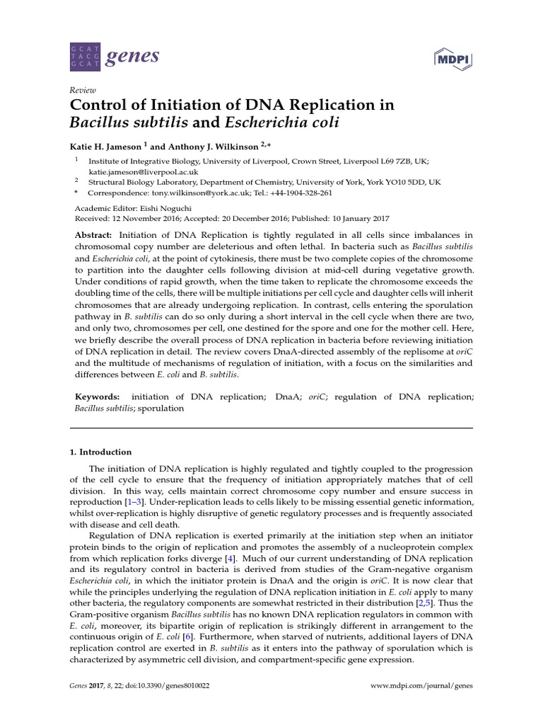 Control Of Initiation Of Dna Replication In Bacillus Subtilis And