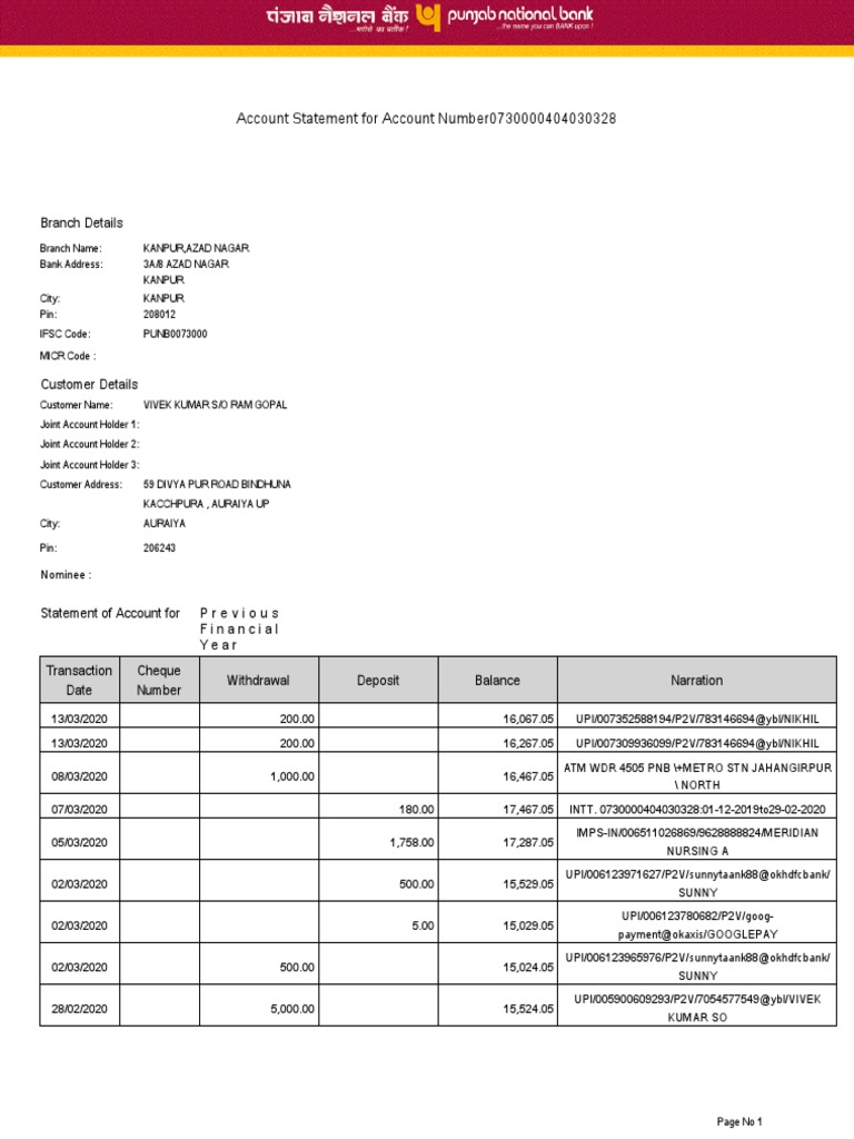 Account Statement For Account Number0730000404030328: Branch Details | PDF | Automated Teller ...