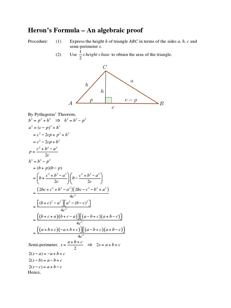 Heron's Formula - An Algebraic Proof: Height Base | PDF