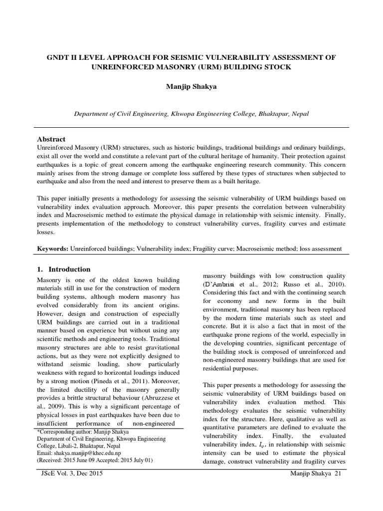 GNDT Ii Level Approach For Seismic Vulnerability Assessment of Unreinforced Masonry (Urm ...