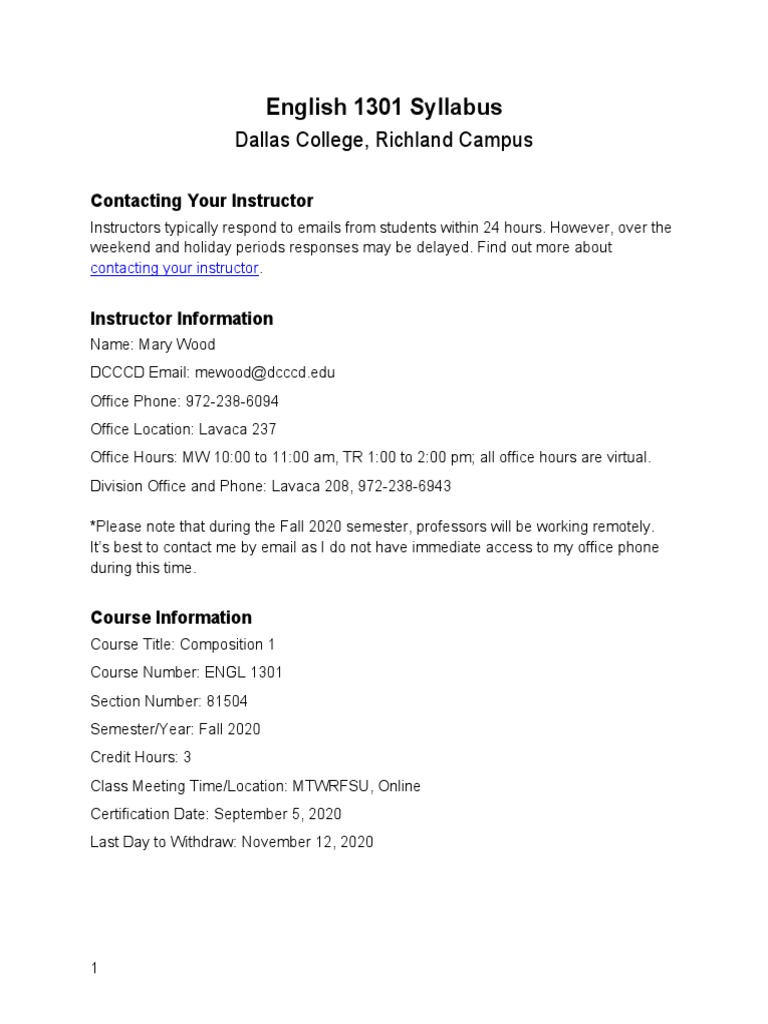 English 1301 Syllabus - Dallas College | PDF | Academic Dishonesty | Essays