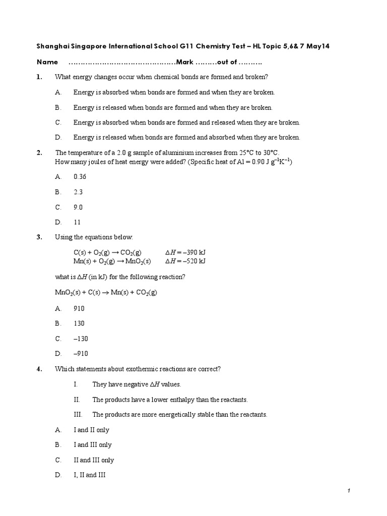 G11 Chemistry Test - HLTopic 5,6& 7 | PDF | Ionic Bonding | Activation ...