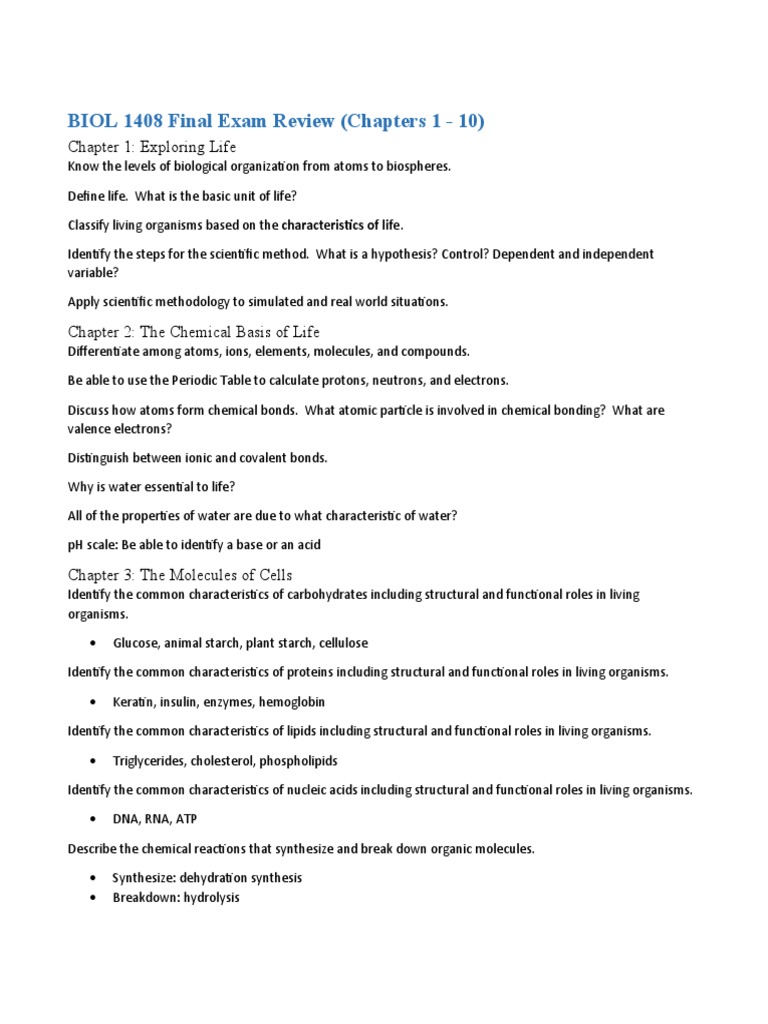 BIOL 1408 Final Exam Review - Chapter 1 - 10 - Concepts and Connections | PDF | Rna | Genetic Code