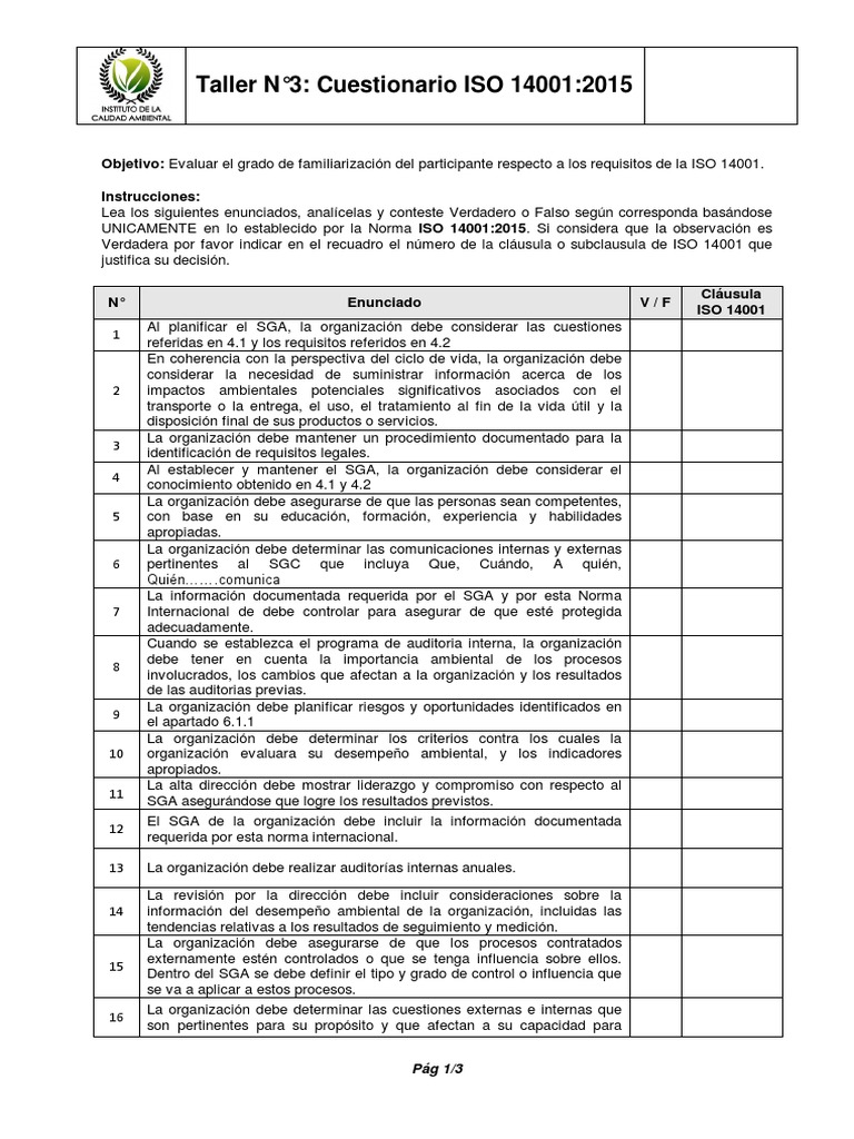 Taller N°3-Cuestionario ISO 14k V.01 PDF | PDF | Business | Science
