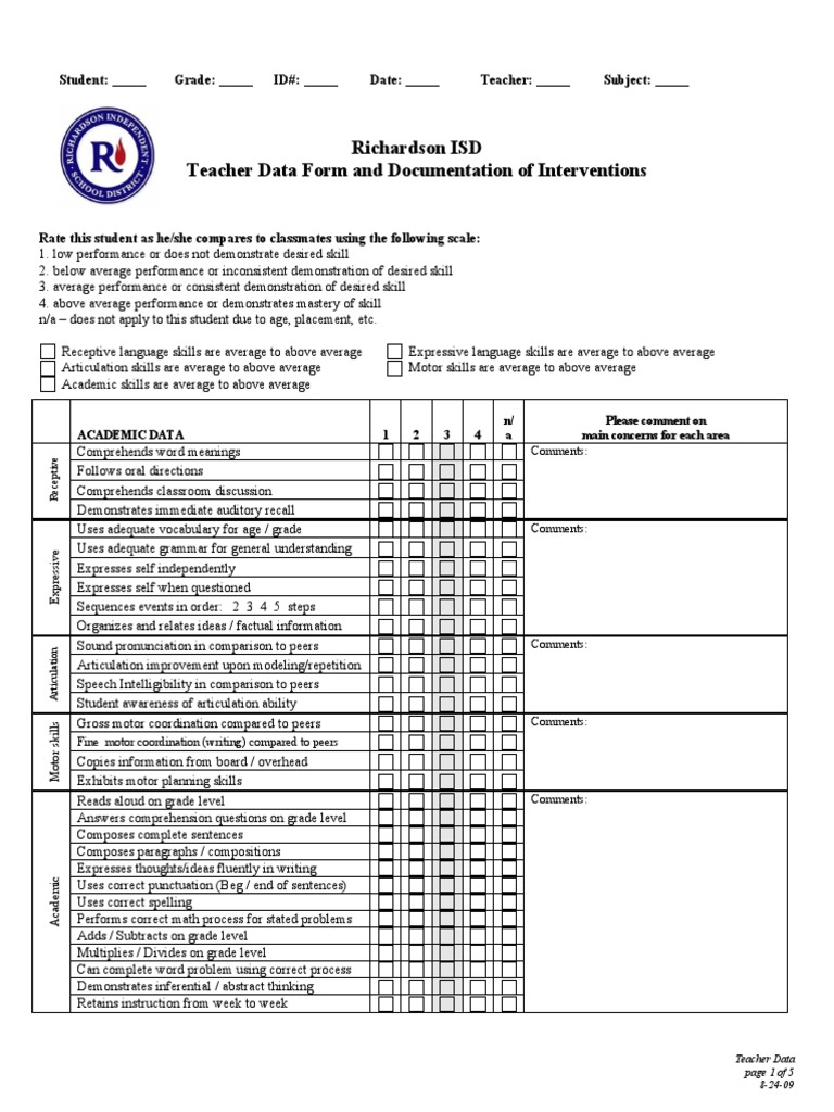 Richardson ISD Teacher Data Form and Documentation of Interventions ...