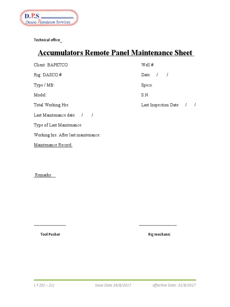 Accumulators Remote Panel Maintenance Sheet | PDF | Technology & Engineering