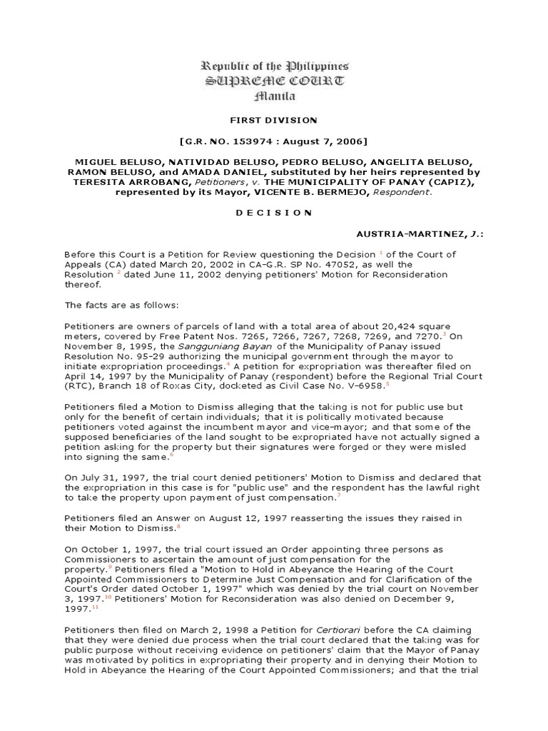 Expropriation Case Review: Beluso v. Panay | PDF | Eminent Domain ...
