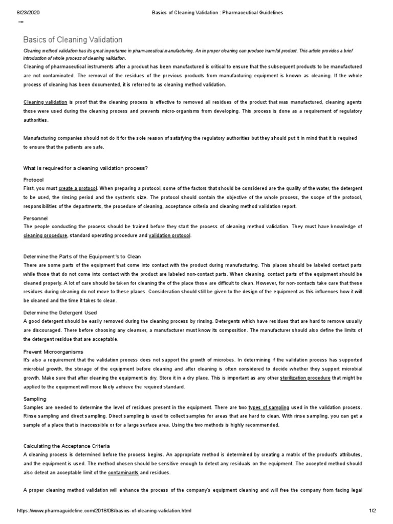 Basics of Cleaning Validation - Pharmaceutical Guidelines | PDF ...