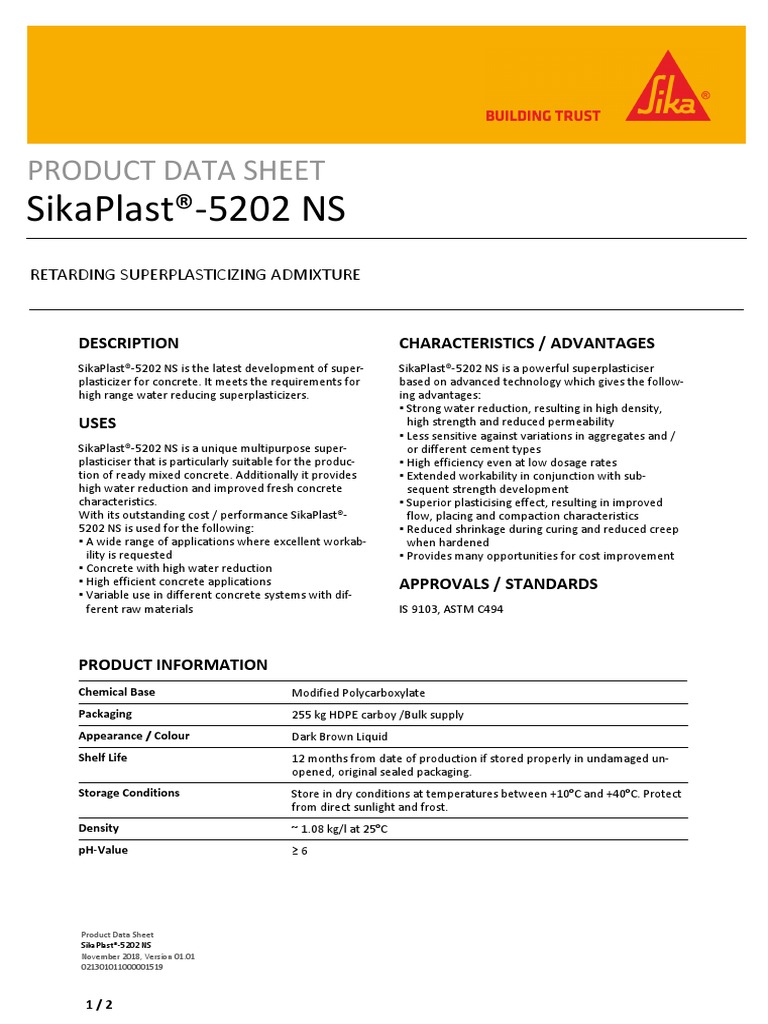 Sikaplast®-5202 NS: Product Data Sheet | PDF | Concrete | Chemistry