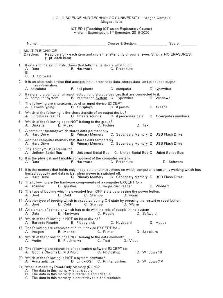 Midterm - ICT1 Exam | PDF | Booting | Computer Data Storage