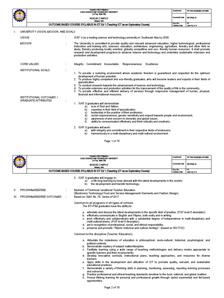 OUTCOME-BASED COURSE SYLLABUS IN ICT Ed 1 (Teaching ICT As An ...