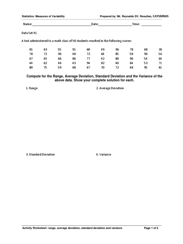 Activity Worksheet MV | PDF | Standard Deviation | Variance