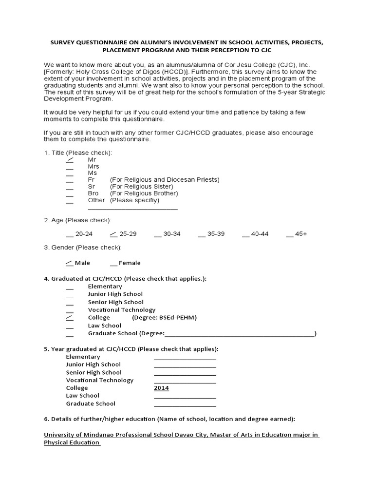 Survey Questionnaire On Alumni'S Involvement in School Activities ...