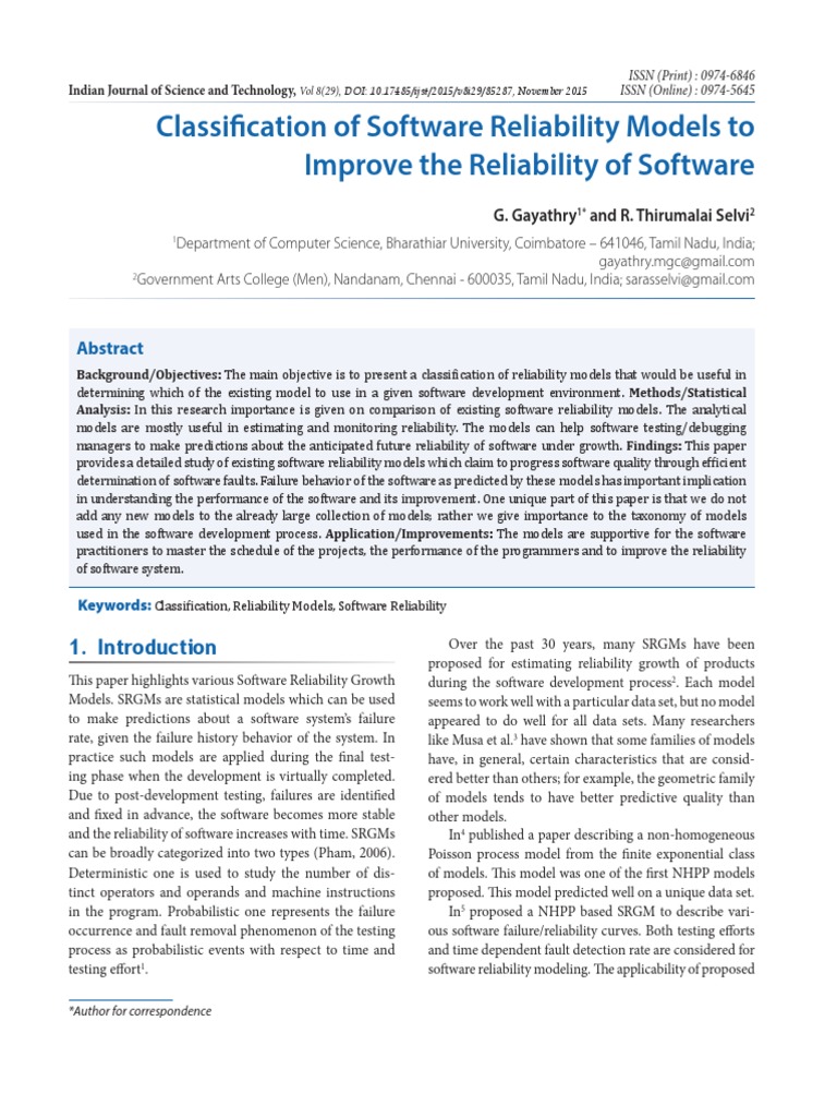 Classification of Software Reliability Models To Improve The Reliability of Software | PDF ...