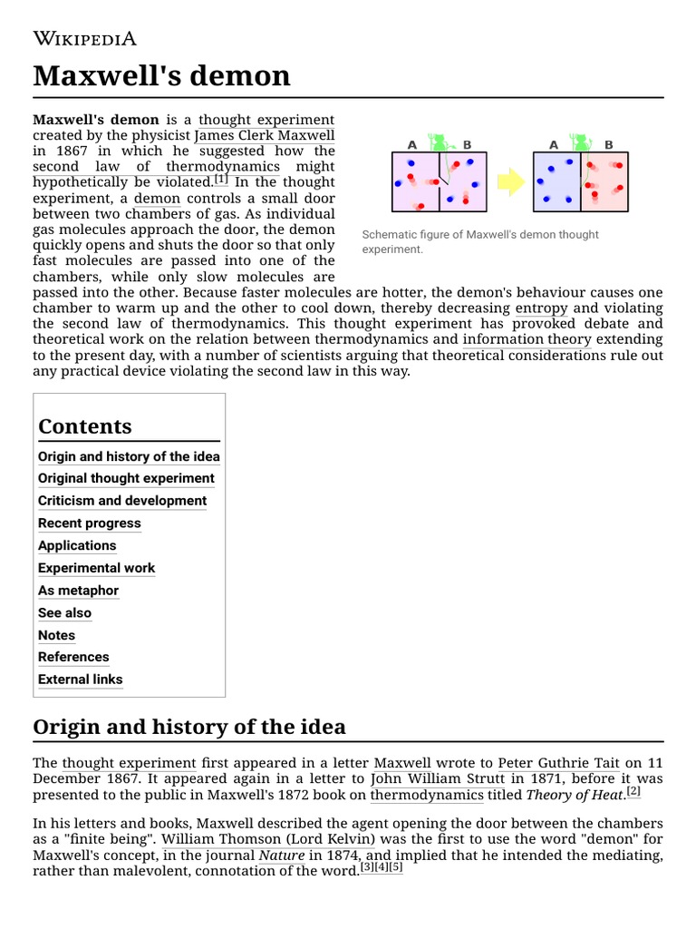 Maxwell's Demon - Wikipedia PDF | PDF | Second Law Of Thermodynamics ...