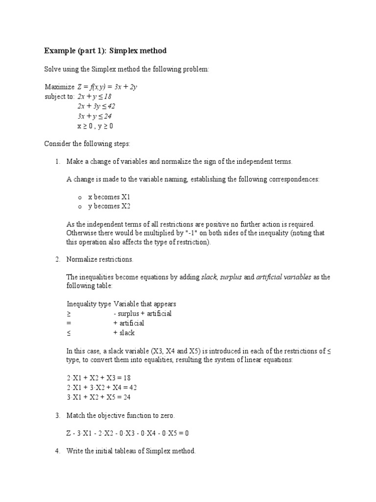 Example (Part 1) : Simplex Method: 2x + 3y 42 3x + y 24 | PDF ...