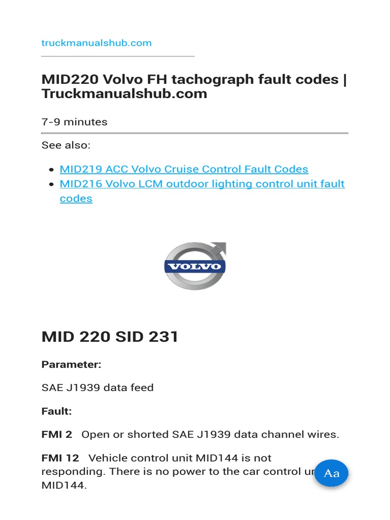 MID220 Volvo FH Tachograph Fault Codes PDF | PDF | Power Supply | Sensor