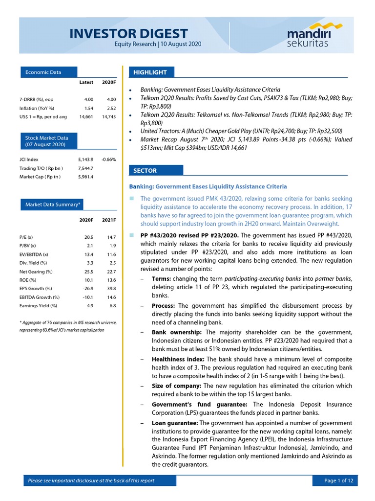 Mansek Investor Digest 10 Aug 2020 Banking, 2Q20 TLKM, UNTR PDF | PDF ...