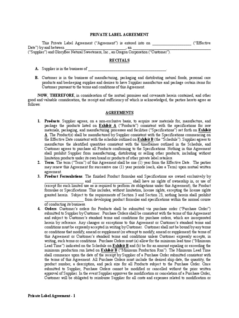 Private Label Manufacturing Agreement | PDF | Indemnity | Liability ...