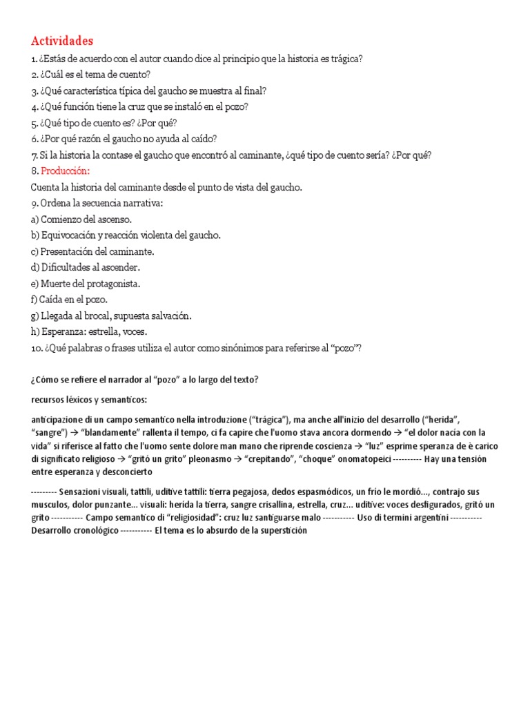 Actividades para El Cuento "El Pozo" Ricardo Guiraldes | PDF