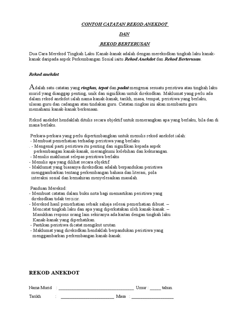 Contoh Penulisan Rekod Anekdot Dan Rekod Berterusan Prasekolah | PDF